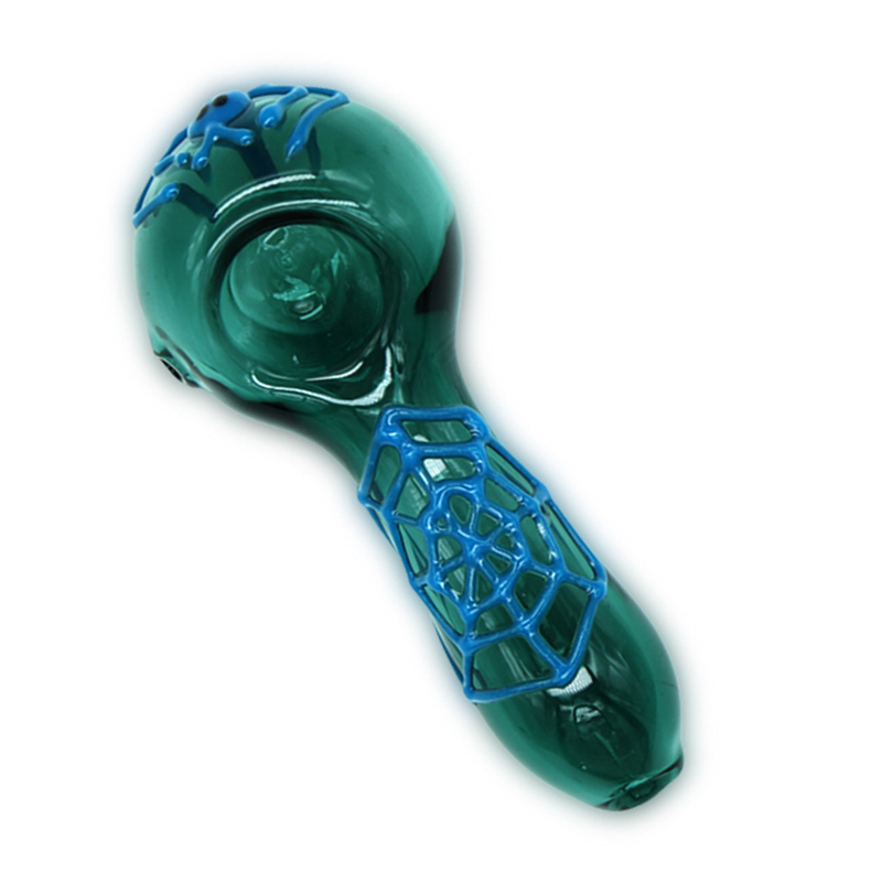 4" Green Spider Web Glass Pipe For Sale