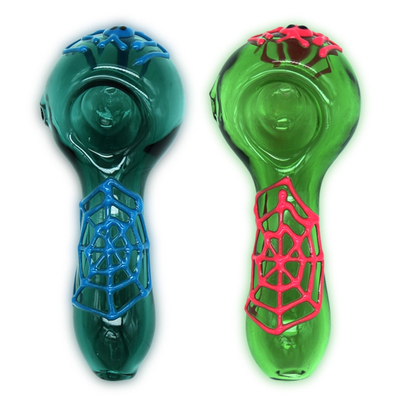 4" Green Spider Web Glass Pipe For Sale
